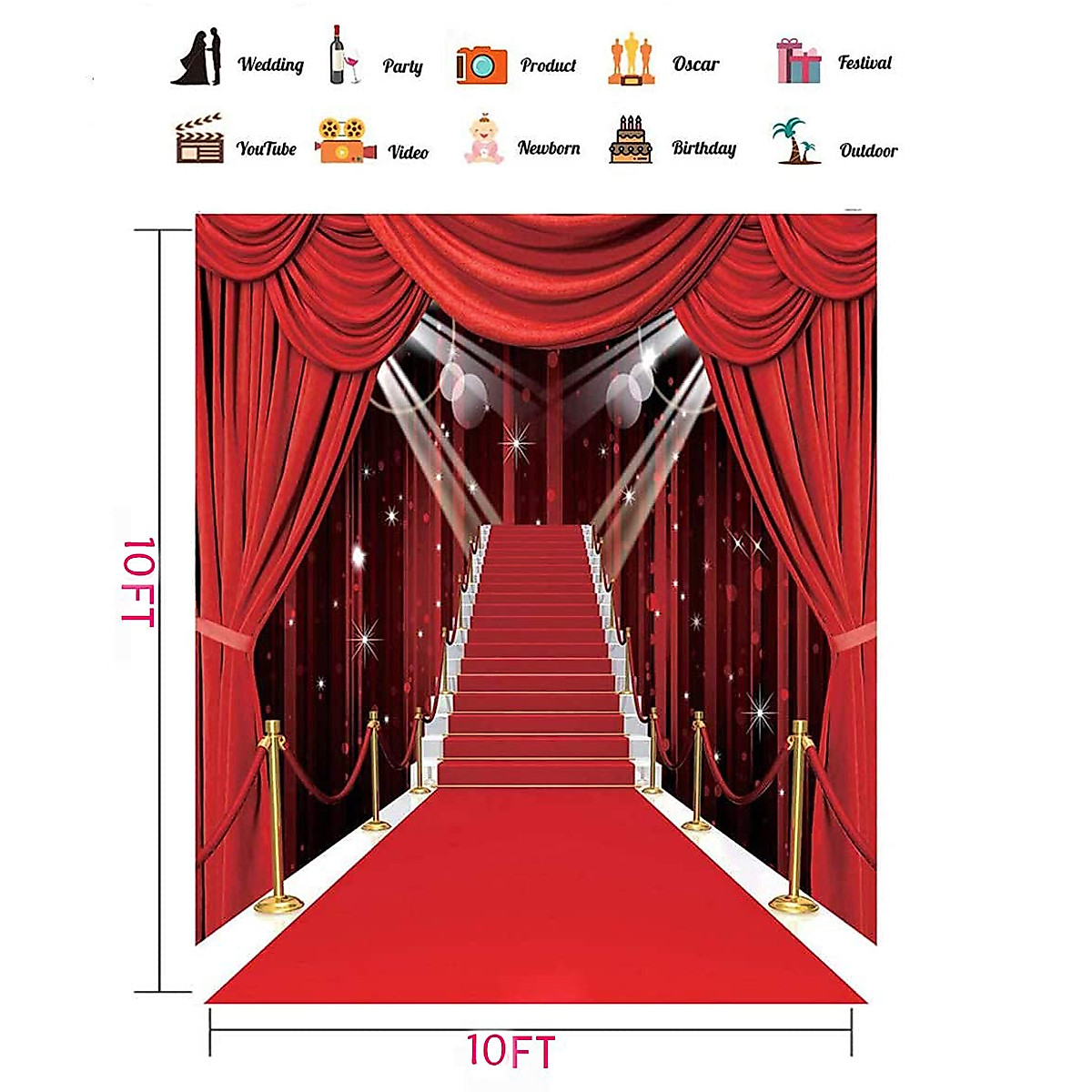 10X10FT Hollywood Theme Party Decorations Photo Backdrops Red Carpet Backgrounds Vinyl Photography Background Backdrops for Wedding Birthday Party Decoration CY-053