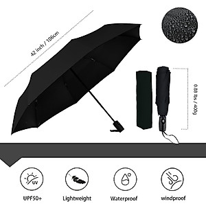 ALFROTEY Compact Travel Umbrella for Rain Portable Automatic Open and Close Windproof Sun Umbrella UV Protection Lightweight Small Folding Car Umbrella for Women and Men (Black, L)