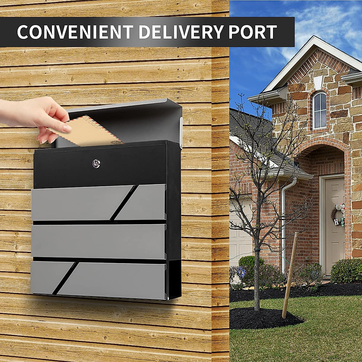 Yoocabinet Mailbox Wall Mount,Large Capacity Locking Mailbox for Outside,Galvanized Steel Cover and Rust-Proof Metal Post Box with Newspaper Holder,14.6"x14.6"x4.3" Silver,MD025S