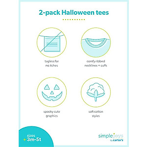 Simple Joys by Carter's Baby Boys' Halloween Long-Sleeve Tees, Pack of 2, Halloween Pumpkin Print/Skeleton, 12 Months