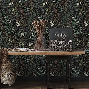 VaryPaper 17.7''x118'' Tropical Moss Leaf Peel and Stick Wallpaper Black Floral Self Adhesive Removable Contact Paper Decorative for Bedroom Walls Cabinets Shelves