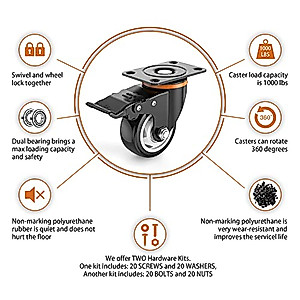 3” Caster Wheels,Set of 4,Heavy Duty Swivel Casters with Brake, Safety Dual Locking and No Noise Polyurethane (PU) Wheels,Swivel Plate Castors(TWO HARDWARE KITS for Free)