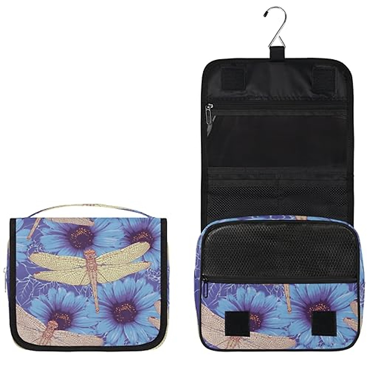POFATO Dragonfly Blue Flower Travel Toiletry Bag Cosmetic Makeup Bag for Women Men Hanging Hook Wash Toiletries Portable Toiletry Bags Organizer