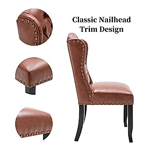 LukeAlon Classic PU Leather Dining Chairs Set of 2, Upholstered Button Tufted Dining Room Side Chairs with Solid Wood Legs Elegant High Back Dinner Chair with Nailhead Trim for Home Kitchen, Brown