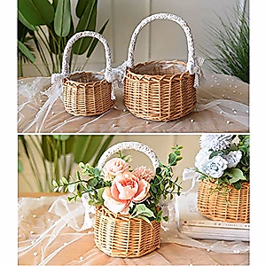 RTWAY Wicker Rattan Flower Basket, Set of 2 Wedding Flower Girl Baskets, Willow Handwoven Basket with Handles and Plastic Insert, Woven Eggs Candy Basket for Home Garden Decor