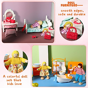 83 Pcs Doll House Furniture Package with 8 Winning Doll Family Set Wooden Bendable Figures and Fully Furnished Kitchen Living Room Bathroom Bedroom Dressable Doll House Furniture Pretend Play Toys