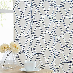 WEST LAKE Boho Geometric Semi Sheer Curtain Panels 84 Inch Blue Beige Natural Bohemia Geometric Embroidery Contemporary Lattice Grommet Farmhouse Window Treatment Drapes Living Room Bedroom 40”x84”x2