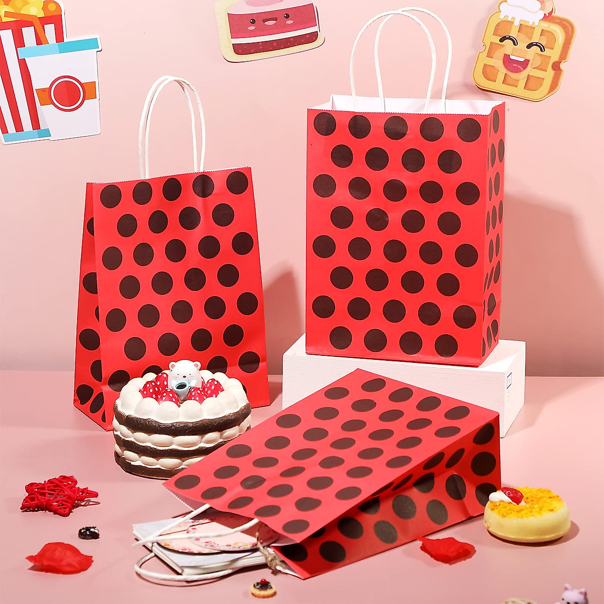 16 Pack Ladybug Party Bags Ladybug Candy Bag Ladybug Treat Paper Bags Ladybug Favor Bags with Handles Red Black Polka Dots Bags for Baby Shower Ladybug Themed Birthday Party Supplies