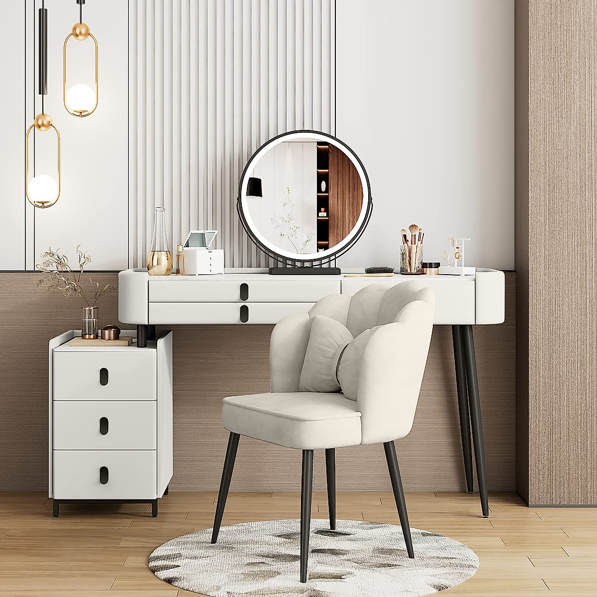GruiGevi Luxury Vanity Desk, Vanity Table Made of Solid Wood, Features Modern Sintered Marble Top, Touch Screen HD Mirror, Vanity Set 6 Drawers