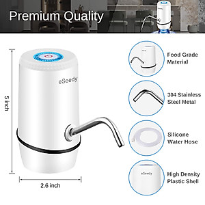 Water Pump for 5 Gallon Bottle, USB Charging Automatic Water Dispenser with Rechargeable Battery, Portable Electric Drinking Water Jug Pump for Home, Kitchen, Living Room, Office, Camping - White