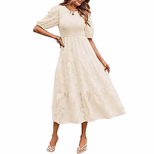 MEROKEETY Women's 2025 Casual Short Sleeve Smocked Dress Round Neck High Waist Ruffle Party Dresses,Beige,XXL