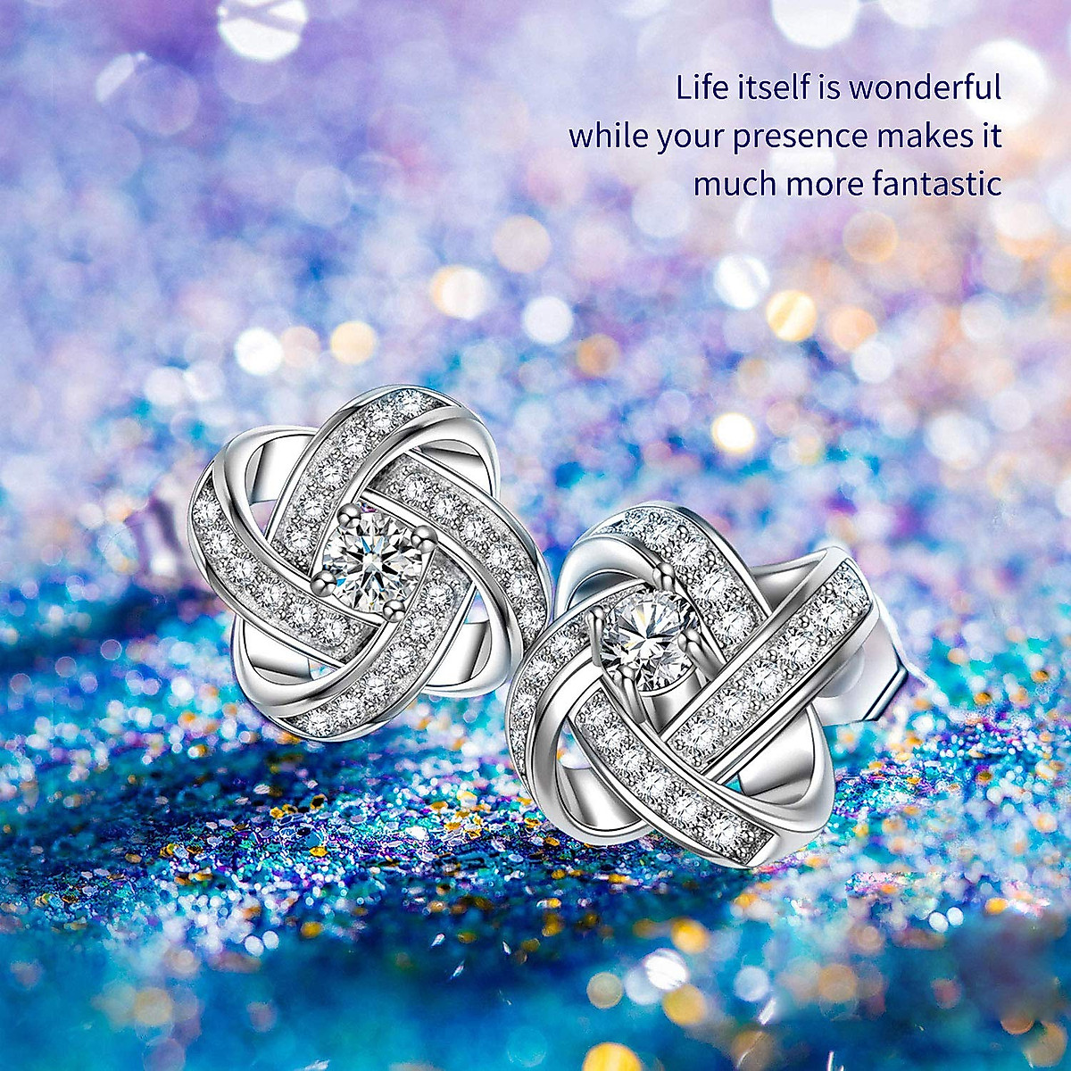 MDFUN Love Knot Earrings 18K White Gold Plated Flower Stud Earrings for Women Cubic Zirconia Earrings