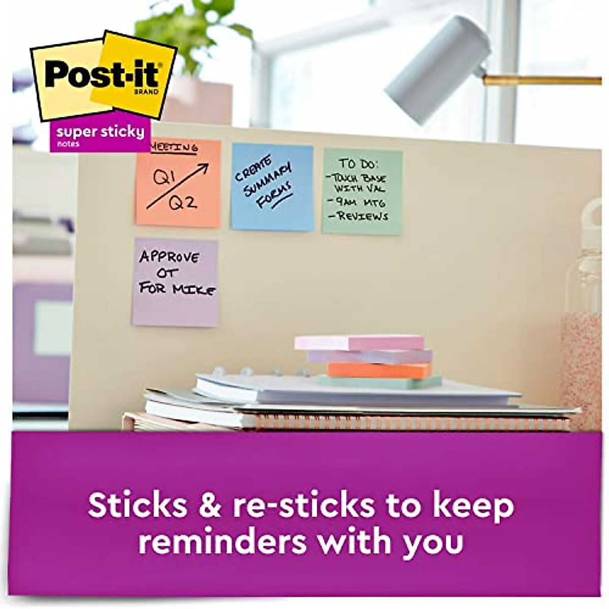 Post-it Super Sticky Notes, 3x3 in, Assorted Pastel Colors, 15 Pads, 2X The Sticking Power, Recyclable (654-15SSPS)
