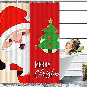 Britimes Christmas Shower Curtain 4 Pcs Sets, Non-Slip Rug, Bath Mat and Toilet Lid Cover, Santa Claus Bathroom Decor with 12 Hooks