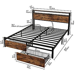 LIKIMIO Queen Bed Frame with Storage Headboard, Platform Bed with Drawers and Charging Station, No Box Spring Needed, Easy Assembly, Vintage Brown