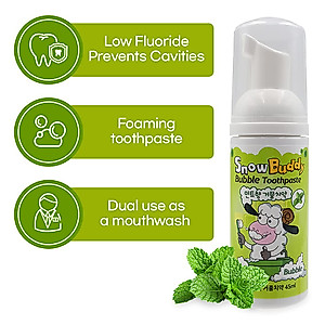 SnowBuddy Foam Toothpaste Kids - Mint Flavors - 1 Pack, Anti Cavity with Low-Fluoride, for u-Shape Toothbrush and Mouthwash for Dental Care