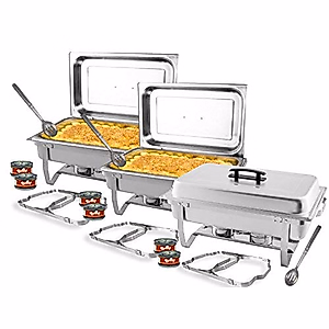 TigerChef Chafing Dish Buffet Set - Chaffing Dishes Stainless Steel - 3 Sets of Chafers and Buffet Warmer Sets: 6 Chafing Gels, 3 Slotted Spoons and Foldable Frame - Food Warmers for Parties Buffets