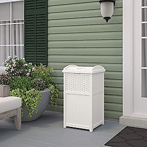 Suncast 33 Gallon Durable Plastic Hideaway Outdoor Garbage Can Trash Bin with Lid and Wicker Design for Backyard, Deck, or Patio, White
