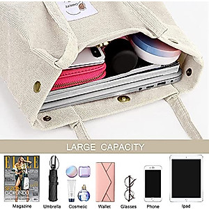 Thicken Corduroy Totes Bag Large Capacity Handbags Shoulder Bags Cord Tote Bag for Women Casual Bag for Work School Daily (Beige-CF)