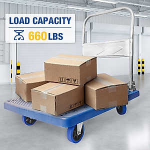 LFGUD Push Cart Dolly 660 lbs. Capacity Platform Truck Foldable Platform Cart Upgraded Heavy Duty Moving Cart with PU Wheels for Home Garden Warehouse Garage Workshops