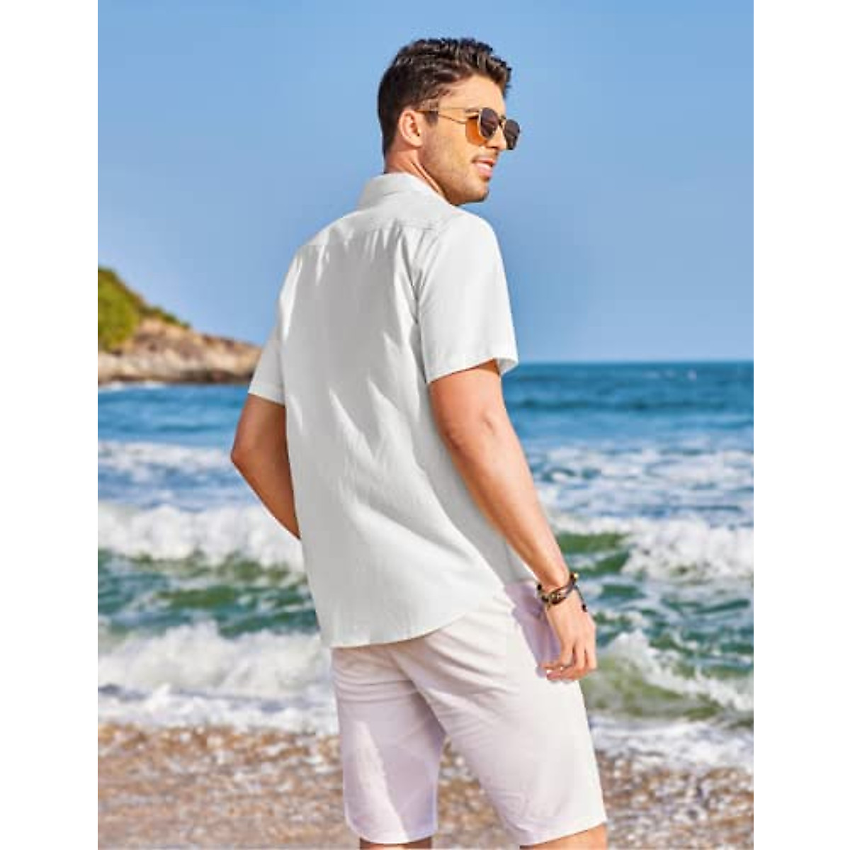 COOFANDY Men's Linen Shirt Lightweight Classic Fit Button Down Shirt Short Sleeve Beach Holiday Shirts with Pocket White