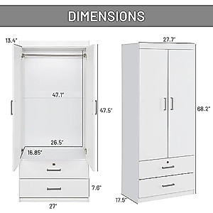 FurnitureR 2 Door Wardrobe, Wooden Armoire with Drawers and Hanging Rod for Bedroom 68.2-Inch Wardrobe Storage Cabinet, White