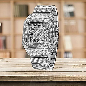 PINTIME Mens Full Iced Out 43mm Big Face Bling Luxury Crystal Square Watches Fashion Hip Hop Jewelry Watch for Men