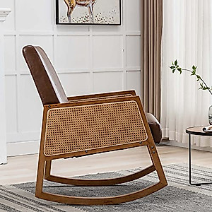 Olela Rocking Chair Nursery, Mid Century Modern Glider Chair Faux Leather Upholstered Rattan Chair, Modern Single Accent Chair with Wood Arm Rests for Living Room Bedroom Office (Brown-PU)