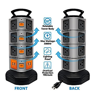 Power Strip Tower, Lovin Product Surge Protector Electric Charging Station, 14 Outlet Plugs with 4 USB Slot 6 feet Cord Wire Extension Universal Charging Station (Large)