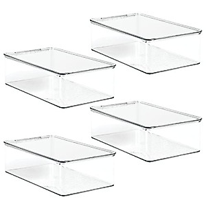 mDesign Plastic Closet Organizer Box Containers with Hinged Lid for Bedroom Shelves/Cabinets, Holds Flats, Sandals, Sneakers, Dress Shoes, Heels, Booties, and Wedges, Ligne Collection, 4 Pack, Clear