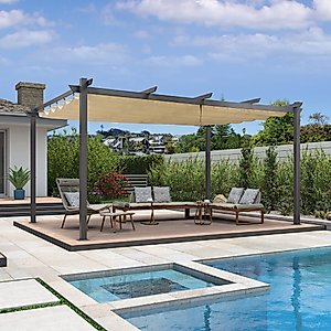 PURPLE LEAF 12' X 16' Outdoor Pergola with Retractable Canopy Aluminum Shelter for Porch Garden Beach Sun Shade Pavilion Grape Trellis Grill Gazebo Modern Backyard Deck Metal Patio Pergola Beige