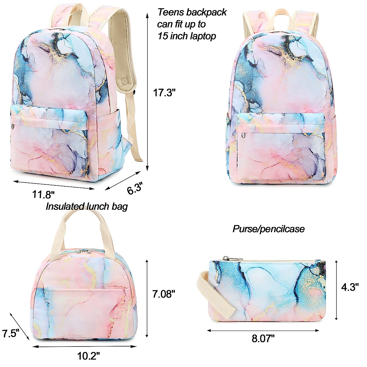 BTOOP Girls School Backpack Marble Schoolbag Laptop Bookbag Insulated Lunch Tote Bag Purse Teens Boys Kids (Marble 31-pink)