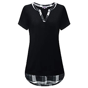 Tunic Shirts for Women Short Sleeve,Flattering Contrast Check V Neck Blouse Modest Youth Henley Tops Hi-Low Hem Casual Business Work Flowy Shirts Wear with Leggings Pullover Tunic Black Large
