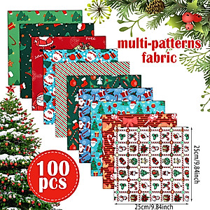 Tudomro 100 Pcs 10 x 10 Inches Winter Christmas Fabric Snowflake Snowman Fabric Square Patchwork Fabrics Santa Claus Craft Fabric Bundles Deer Candy Quilting Fabric for Xmas DIY Sewing