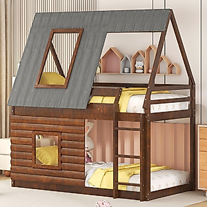 LostCat Twin Over Twin Bunk Bed Wood Frame House Shaped with Roof, Ladder and 2 Windows for Kids Teens Girls Boys, Oak & Smoky, No Box Spring Required, Brown