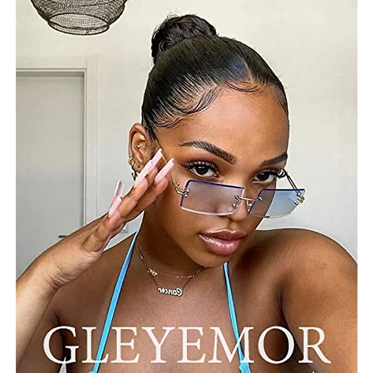 Gleyemor Rimless Rectangle Sunglasses for Women Mens Fashion Vintage Frameless Square Glasses with Gradient Lens (Blue/Pink)