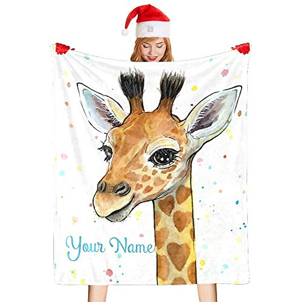Custom Blanket with Name Text,Personalized Watercolor Giraffe Super Soft Fleece Throw Blanket for Couch Sofa Bed (50 X 60 inches)