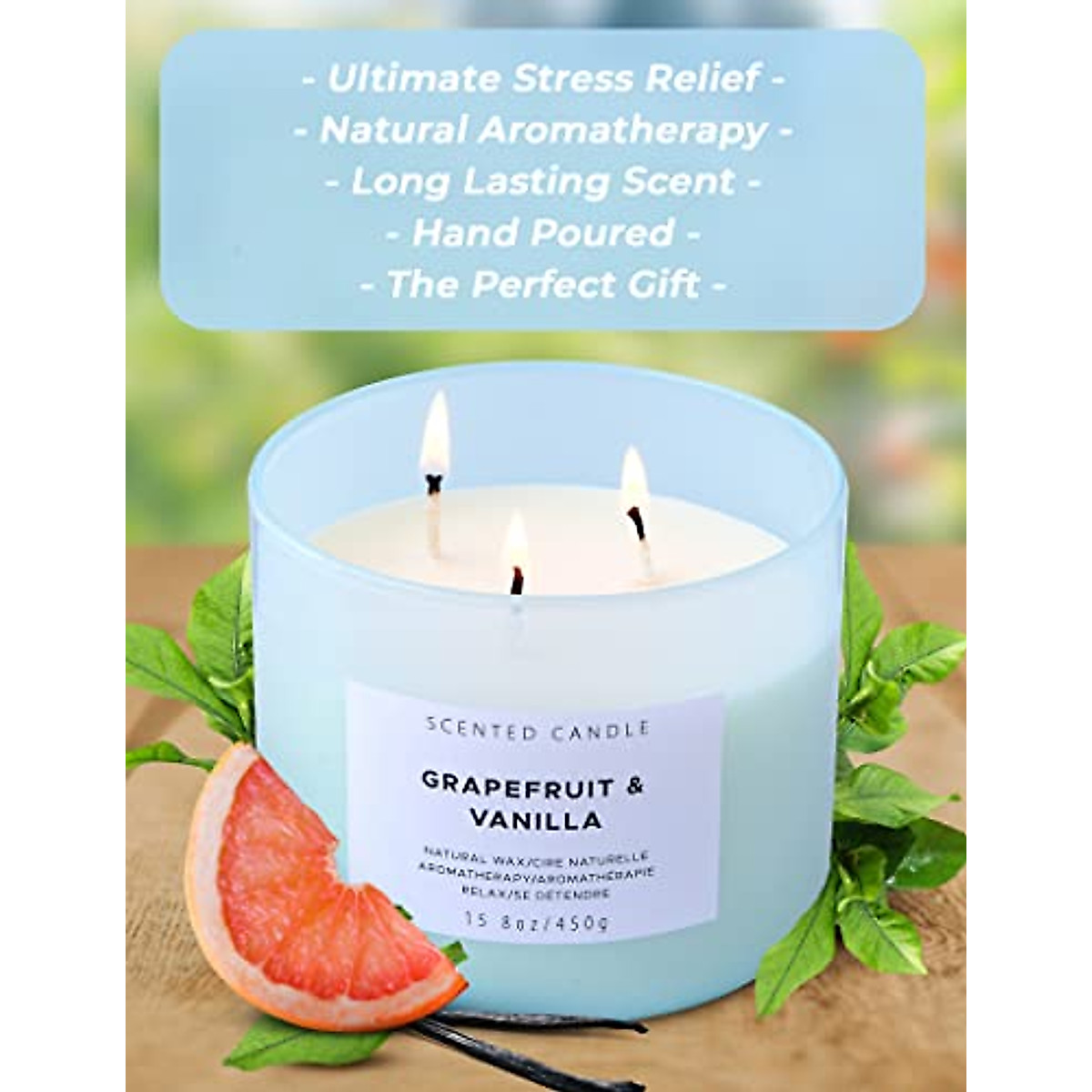 3 Wick Scented Candle | Grapefruit Vanilla Stress Relief Aromatherapy Candle with Berries, Bergamot, Rose & Lemon | 15.8 oz Highly Scented Candles for Men & Women | Large Natural Soy Candles for Home