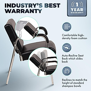 Buy-Rite Kate Auto Reclining Shampoo Chair, Portable Salon Chair with Auto-Recline Seat Back, Heavy Duty Chrome Arms and Extra Thick Seat, Black, SY-92272