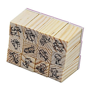 Youkwer 12 Pcs Mini Cute Wooden Rubber Stamps Set For Letters,Diary Craft,Scrapbooking in Matchbox（Vintage Lovely Cat）