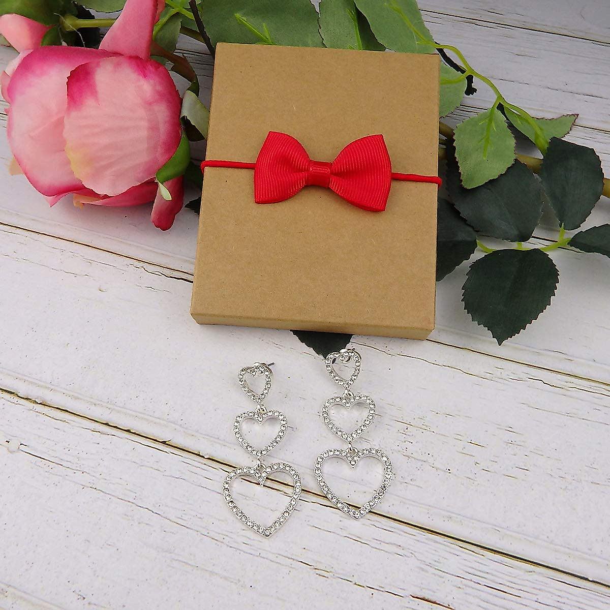 RareLove Bling CZ Crystal Interlocking Three Heart Hollow Dangle Stud Piercing Earrings For Women Silver Plated Alloy Valentines Gift For Her