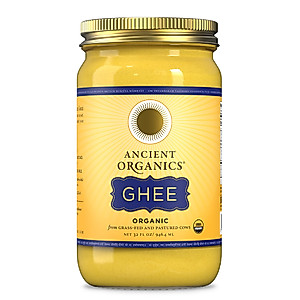 Ancient Organics Ghee, Organic Grass Fed Gluten Free Clarified Ghee Butter with Vitamins & Omegas, Lactose Reduced, 100% Certified Organic, Kosher, USDA Certified, Made in USA – 32 Fl Oz (Pack of 1)