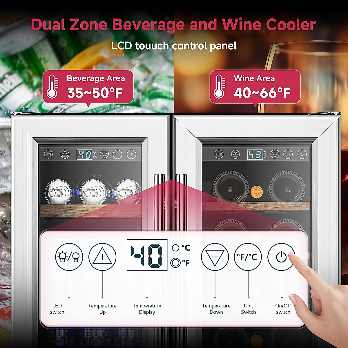 Icyglee 24" Wine and Beverage Refrigerator, Dual Zone Wine Cooler with Glass Door, Hold 88 Cans and 21 Bottles, Built in or Freestanding Under Counter Wine Fridge with Blue LED Light.