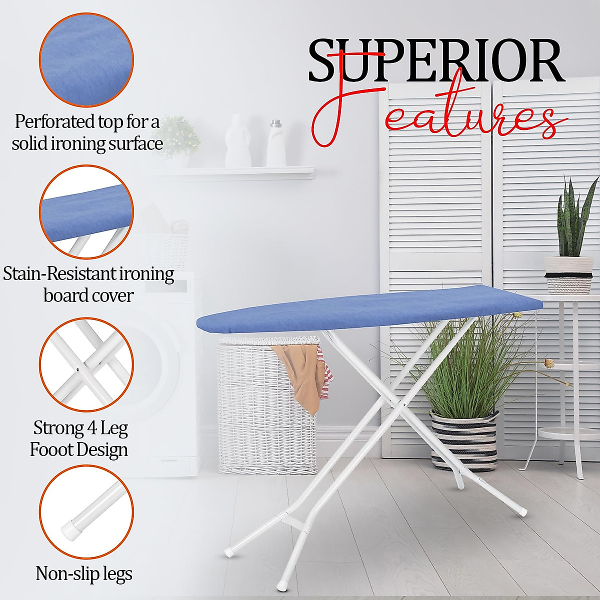 Tidy Zebra Compact Ironing Board Full Size MADE IN THE USA – 4 LEG Extra Durable & Sturdy Ironing Boards with Thick Iron Board Cover – Foldable Ironing Board for Easy Storage Height Adjustable (13x53)