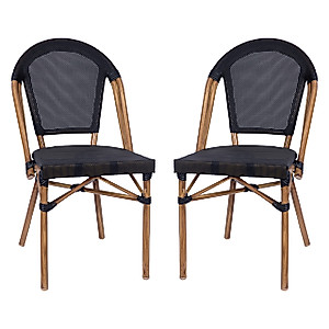 BizChair Set of 2 Indoor/Outdoor Commercial Bistro Stacking Chair, Black Textilene Back and Seat, Bamboo Print Aluminum Frame in Natural