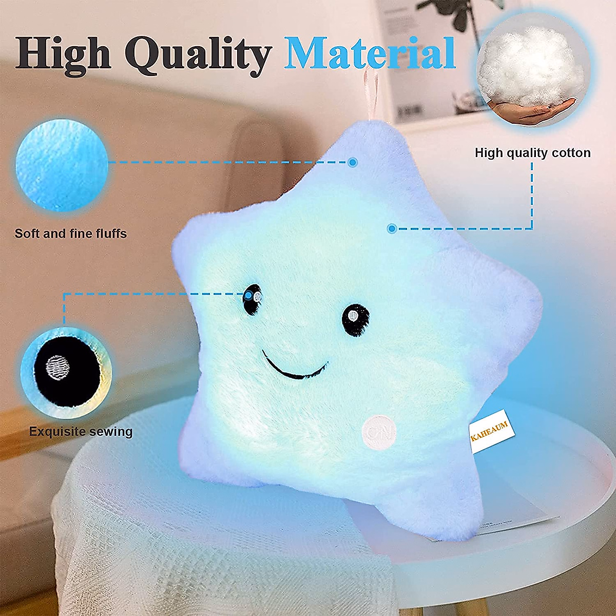 KAHEAUM Cute LED Night Light Up Throw Pillow Inserts Star Stuffed Animals Plush Toys for Kids Children’s Day Gift Son Daughter Girls Boys,Decorative Blue Throw Pillows for Couch,Sofa,Bed,Room,Office