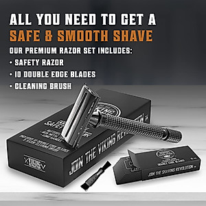 SHAVING REVOLUTION Long Handle Double Edge Safety Razor - Butterfly Open Razor 10 Japanese Stainless Steel Double Edge Blades - Close, Clean Shaving Razor Men., Black Long Handle, 12 Piece Set