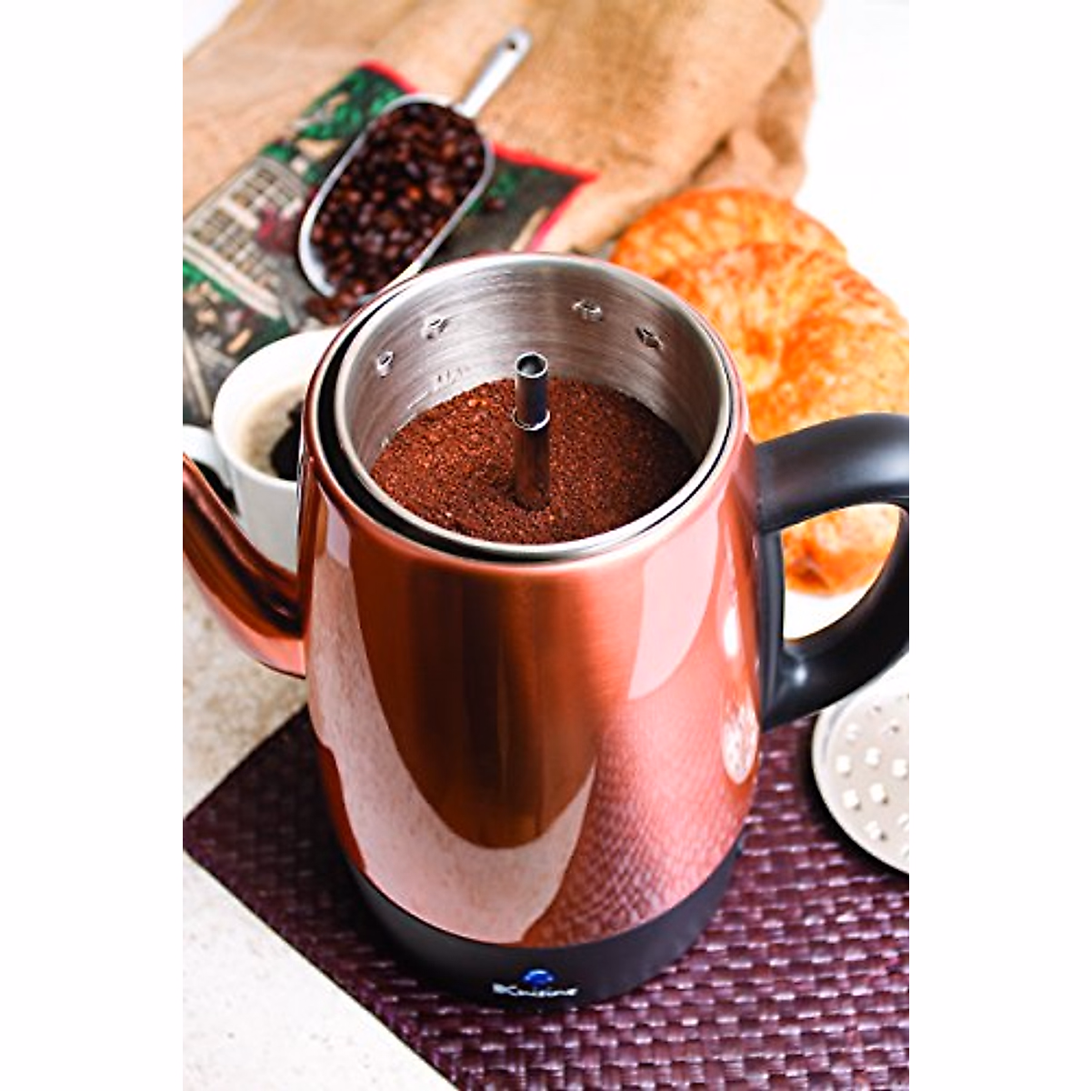 Number 1 In Service Euro Cuisine Electric Percolator Coffee Maker, Stainless Steel Coffee Machine Percolators Fast and Portable Coffee Pot, Detachable Cord and Cool Touch Handle (8 Cup)