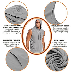 Amussiar Men's Sleeveless Hooded Tanktops Casual Vest Slim Fit Gyms Bodybuilding Hoodies Vest Grey