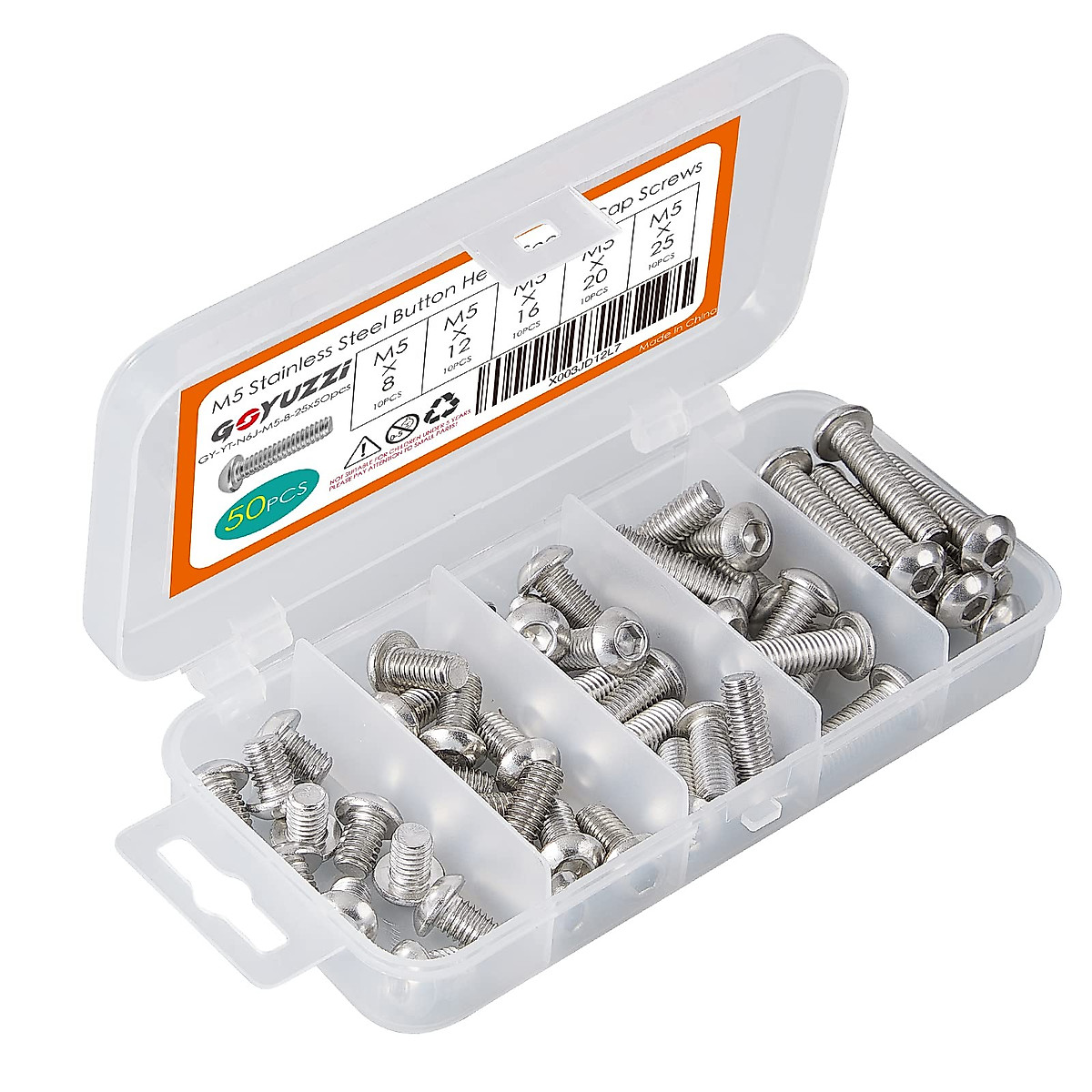 M5 x 8mm 12mm 16mm 20mm 25mm Button Head Socket Cap Screws Bolts, 304 Stainless Steel, Bright Finish, Metric Allen Hex Drive, Fully Threaded, 50PCS